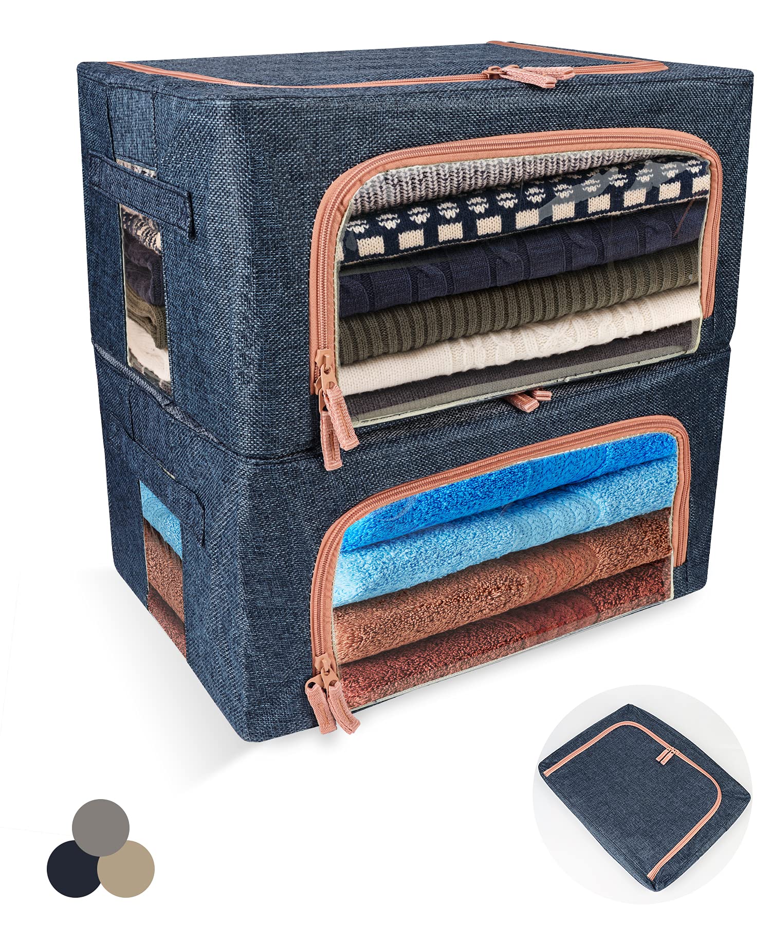 Pranski 2-PACK Clothes Storage Bins Box, Linen Fabric Foldable Cloth Container with Clear Window & Carry Handles Metal Steel Frame - Large Capacity for Closet, Blankets, Toys, Books (Blue, 22L)