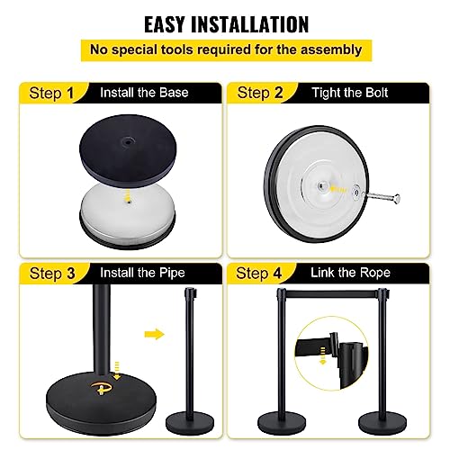 VEVOR Crowd Control Stanchion Set, Stanchion Set with 6.6 ft/2 m Black Retractable Belt, Black Crowd Control Barrier w/Concrete and Metal Base - Easy Connect Assembly (4)