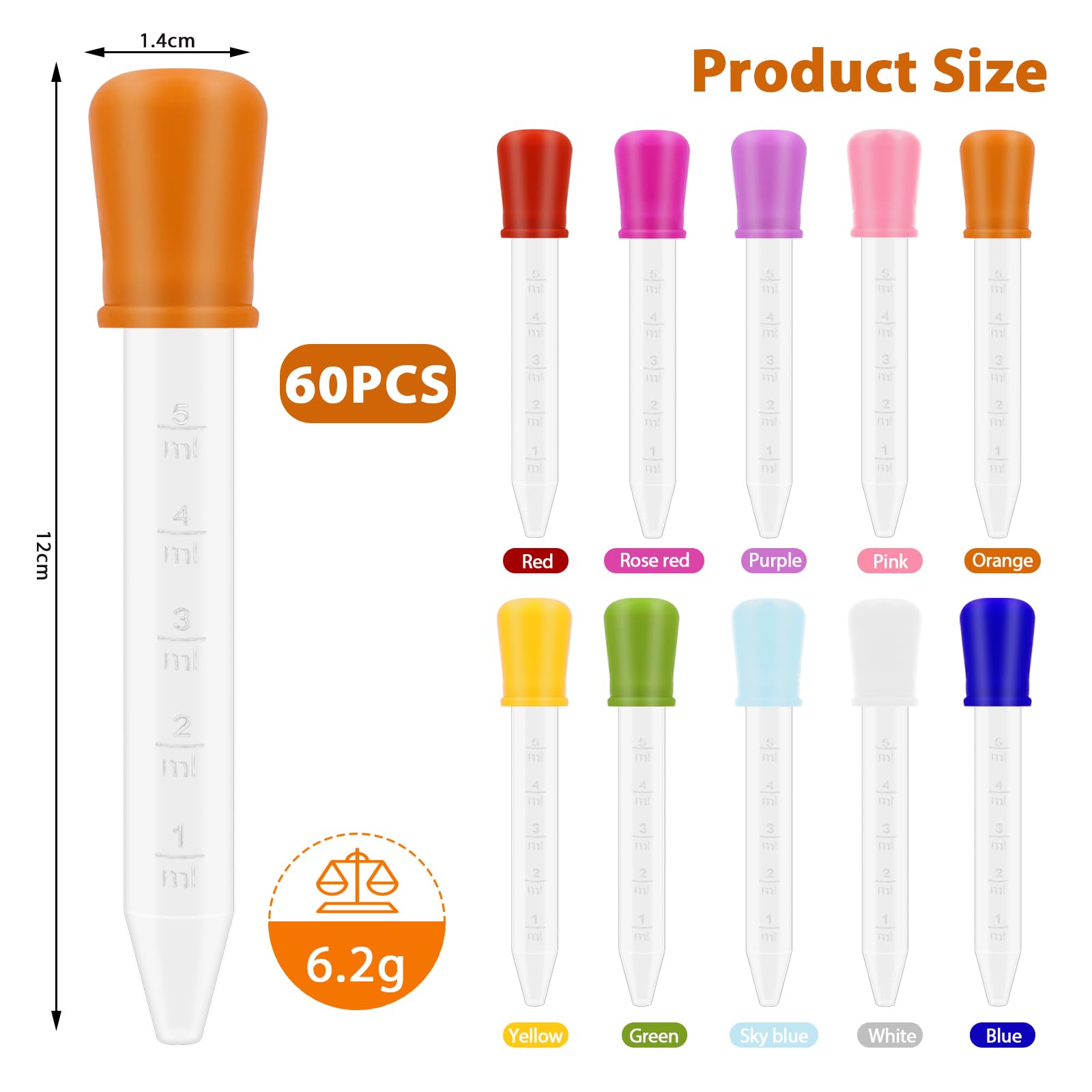 CXIIPOL 60PCS 5ml Liquid Dropper with a Clean Brush, 10 Color Silicone Liquid Dropper with Bulb Tip, Clear Eye Dropper Medicine Dropper for Kid Crafts Mold Gummy Making Kitchen Oil Science