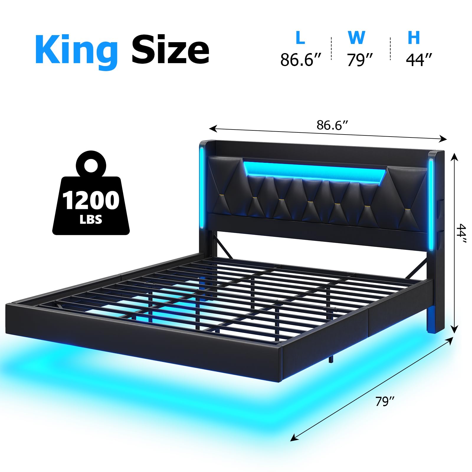 BYSAUD Floating Bed Frame with RGB Light,Hidden Storage Space in The headboard,Floating Bed with Charging Station Including 2 Standard sockets, PU Leather (King)