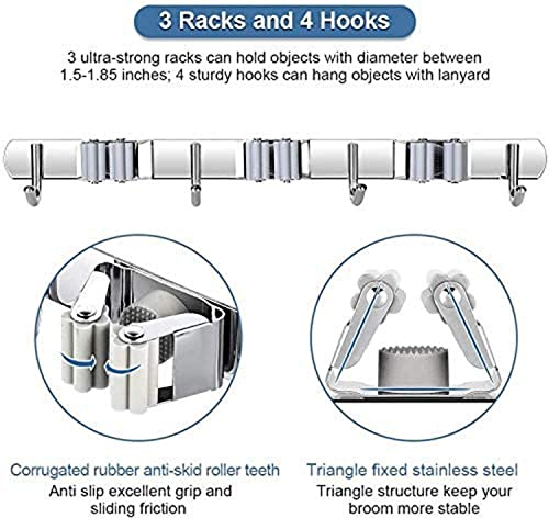 Broom Mop Holder, Wall Mounted Heavy Duty Stainless Steel Storage Rack Organization Tools, Kitchen Garden Garage Or Bathroom Organization and Storage (3 Clip 4 Hook)