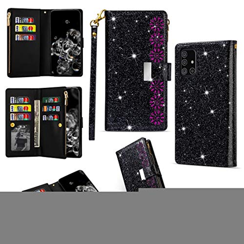 BOYUHII Silicone Protective Case for phone For Samsung Galaxy A81 / Note 10 Lite / M60s Multi-card Slots Starry Sky Laser Carving Glitter Zipper Horizontal Flip Leather Case with Holder & Wallet & Lan