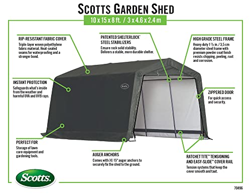 Scotts 10' x 15' x 8' All Season Outdoor Storage Shed with Waterproof Cover, Green