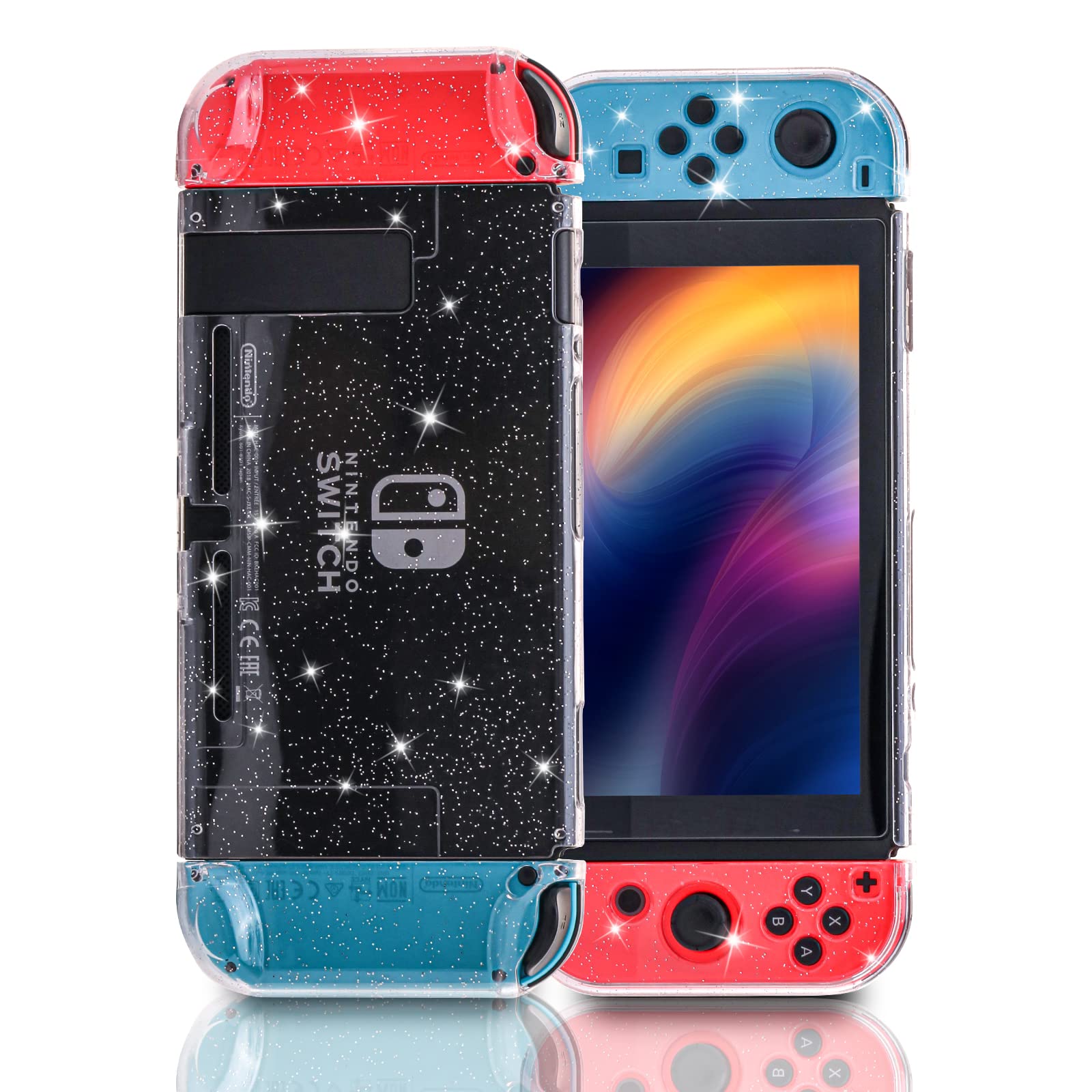 Switch Clear Glitter Case, Switch Protective Case with Tempered Glass Screen Protector and Thumb Grip Caps