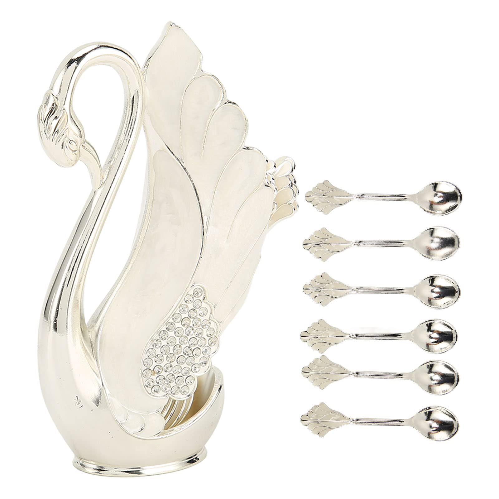 Coffee Spoon Holder Coffee Dessert Spoon Set Alloy Swan Base Holder Spoon Organizer with 6pcs, Modern Style Ice Cream Spoons Teaspoons Coffee Dessert Flatware(Spoon)