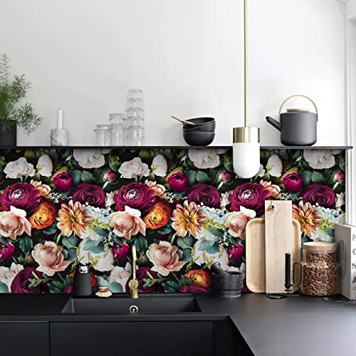HAOKHOME 93277 Peel and Stick Floral Wallpaper Rose Daisy Removable Black/Pink/Purple Stick on Wild Mural 17.7in x 9.8ft