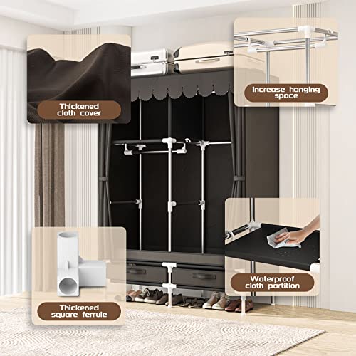 LEAIJIAFY Small Portable Cloth Wardrobe Closet for Hanging Clothes with 2 Drawers,Brown Armoire with 2 Hanging Rods,Clothes Rack Storage Organizer with Non Woven Fabric Cover,for Bedroom