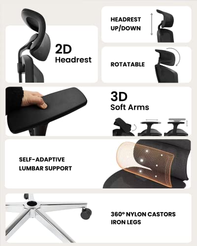 Dripex Ergonomic Office Chair - High Back Desk Chair with 3D Armrest/Lumbar Support/Headrest/Wheels, Full Mesh Seat Bottom Tilting Computer Chair for Tall People Home Rolling Swivel Chair, Black