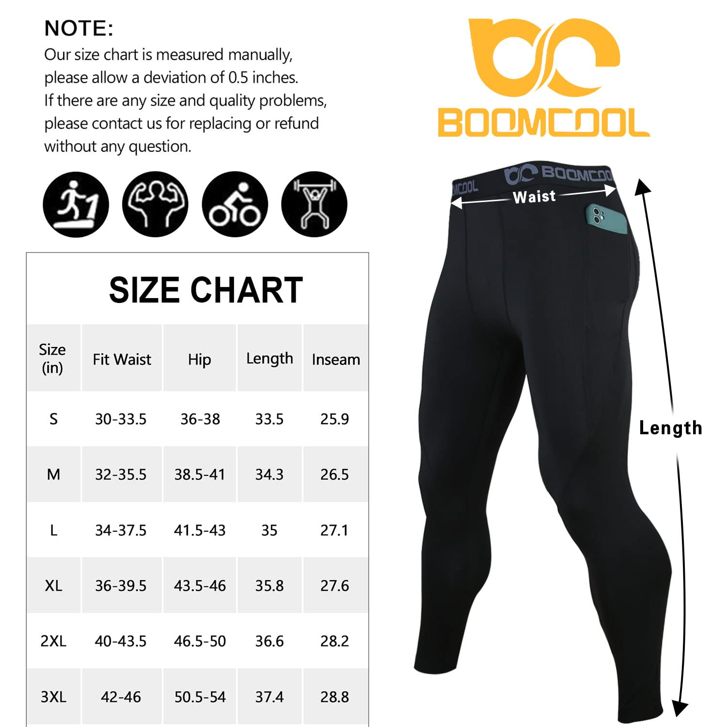 BOOMCOOL Men's Compression Pants with Pockets, Men's Running Tights Leggings Workout Dry Baselayer Gym Athletic Yoga Pants
