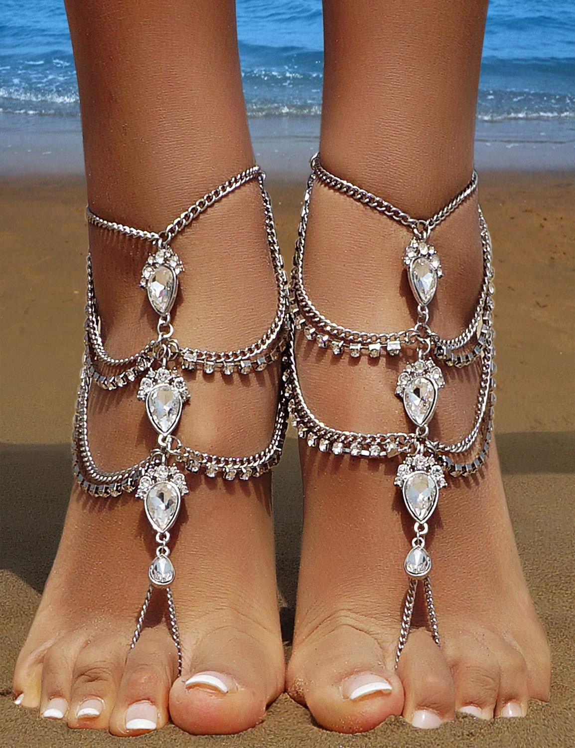 Bienvenu 2 PCS Crystal Beach Wedding Foot Jewelry Barefoot Sandals Toe Ring Boho Anklet,Style2_Golden
