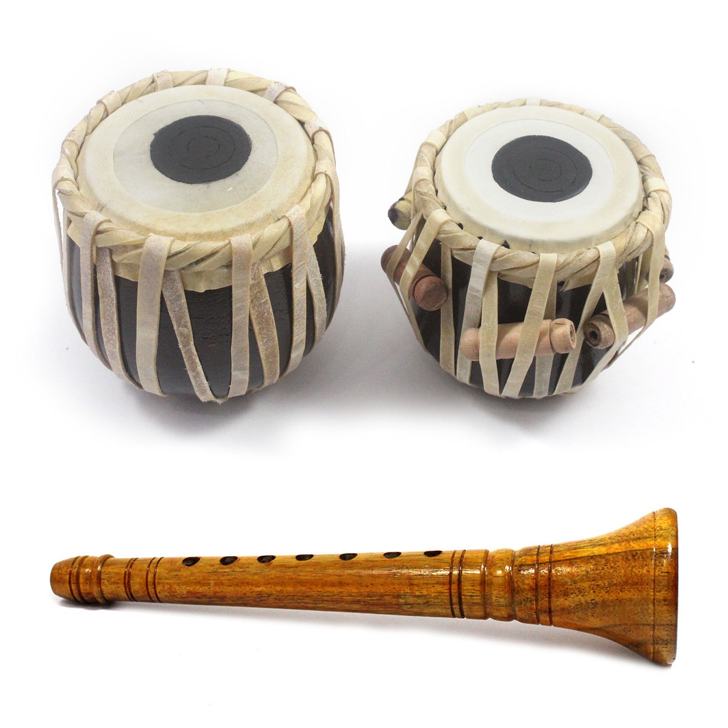India Meets India Handmade Miniature Musical Instrument Set - Clarinet 8.5" and Tabla Drum 4" [Mango Wood - BROWN & YELLOW] - Decorative Tabla Set - Best Gift Made By Awarded Indian Artisan
