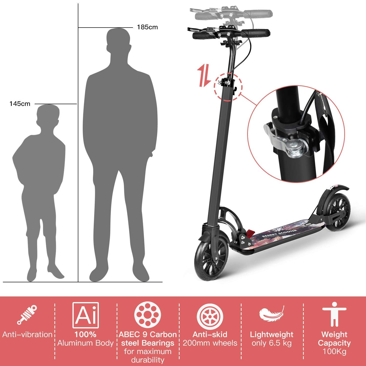 besrey Kick Scooter for Adults for 8 Years and Up - 2 Wheel Folding Scooter with Shoulder Strap for Kids Teens - Lightweight, Aluminum Frame, Adjustable Handlebars, Scooters for Riders Up to 220 lbs