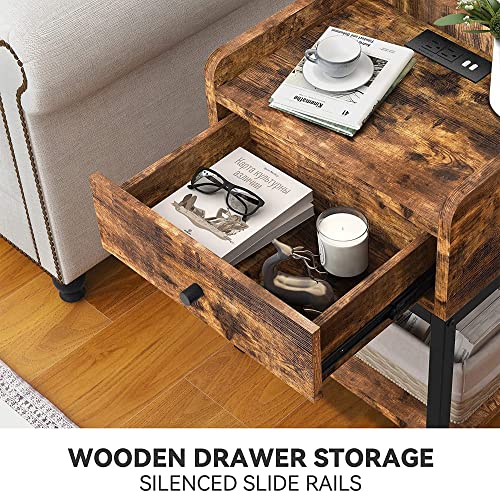 FABATO End Table with Charging Station Nightstands with Drawer and Fabric Bag Storage & USB Ports Narrow Sofa Side Table for Small Spaces with Metal Frame Living Room Bedroom, Rustic Brown