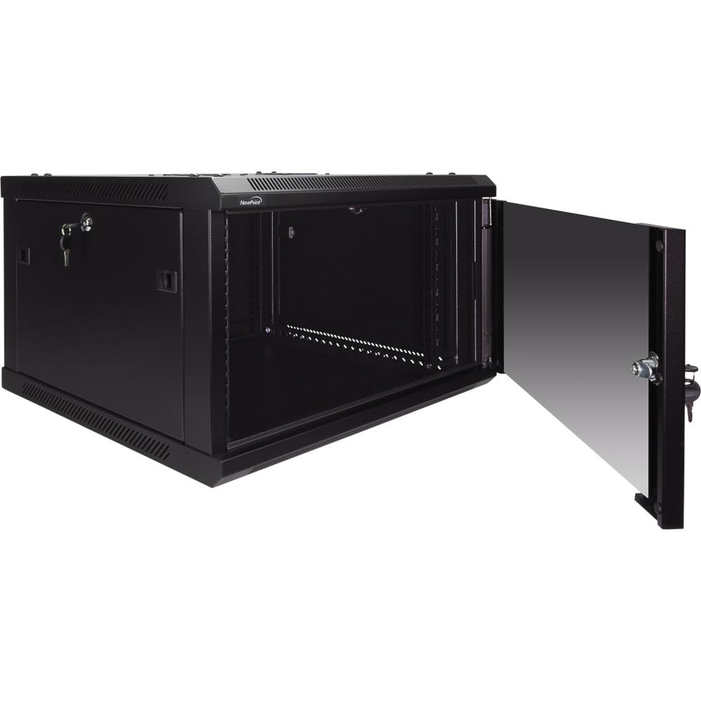 NavePoint 6U Server Rack Enclosure - 23.6β Deep, 6U Wall Mount Network Cabinet with Locking Glass Door for 19β IT Equipment, 6U Network Rack with 2 Fans, Removable Side Panels, Black