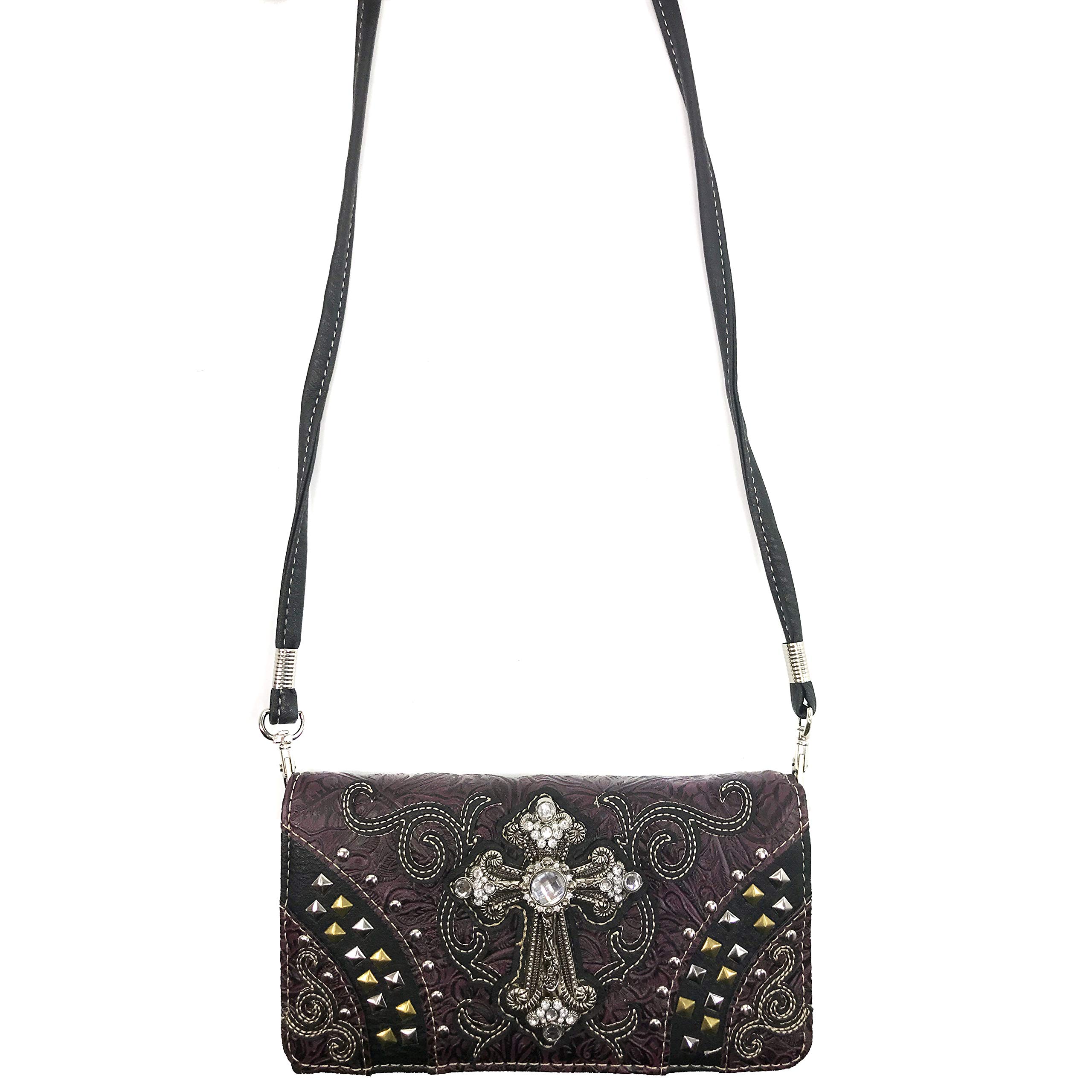 Justin West Clydesdale Tooled Leather Metal Stud Cross Conceal Carry Women Handbag Purse (Purple Wallet Only)