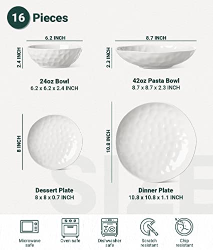 HOMBENE Large Dinnerware Set 16 Piece Service for 4, Plates and Bowls Sets, High-fired at 2372°F, for Dessert Salad and Pasta, Dishes Set w/Cereal Bowls