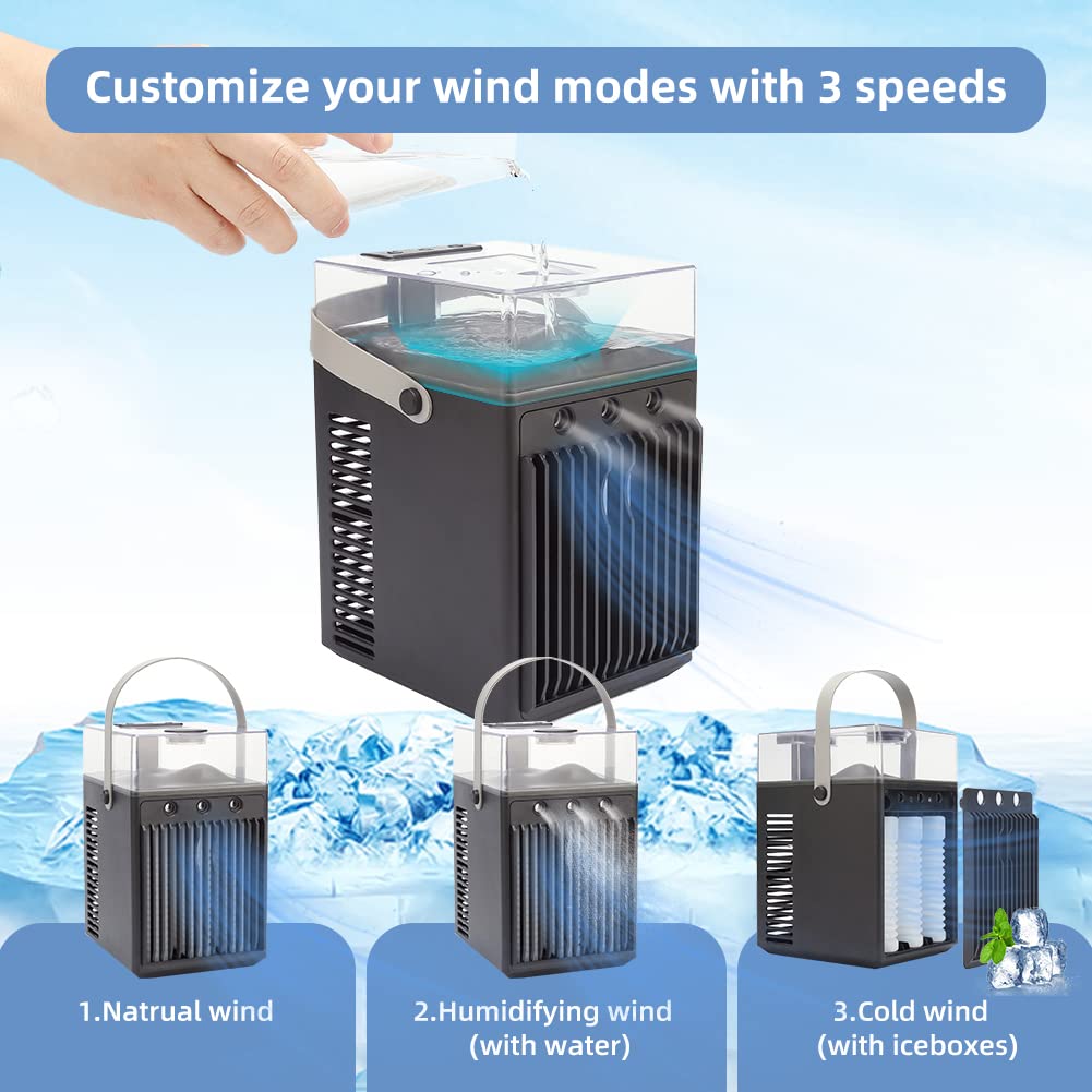 Portable Air Cooler Fan, Evaporative Air Cooler Rechargeable, Personal Air Conditioner with 6 Reusable Ice Boxes, Quiet Desk Fan with Air Humidifier and LED Night Light for Bedroom Camping Trip black-01