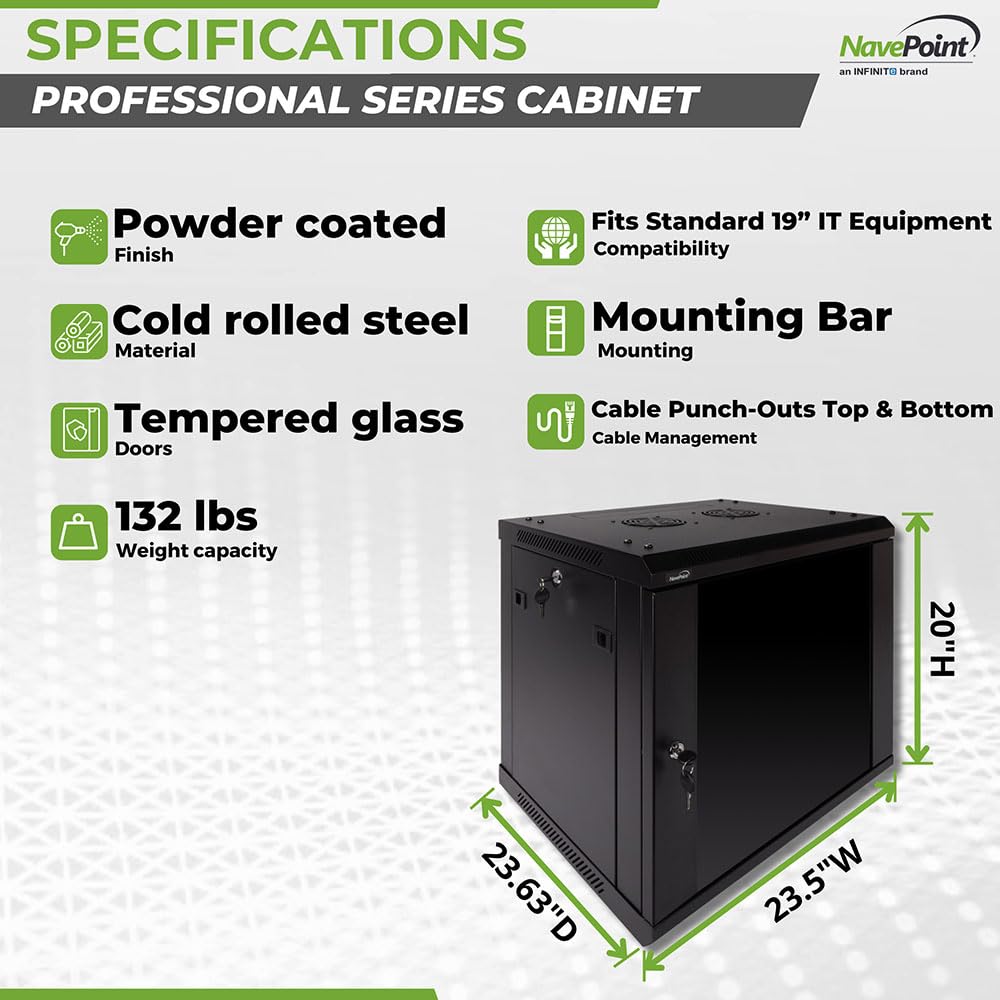 NavePoint 9U Server Rack Enclosure - 23.6β Deep, 9U Wall Mount Network Cabinet with Locking Glass Door for 19β IT Equipment, 9U Network Rack with 2 Fans, Removable Side Panels, Black