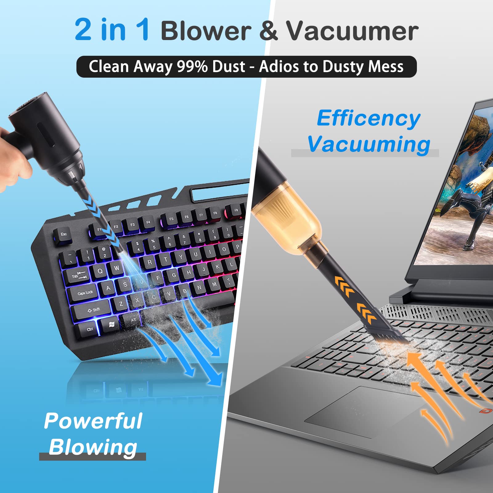 Compressed air Duster and Vacuum 2-in-1 Electric air Blower Replaces Air Cans/Pump 2-Gear for Computer Keyboard Camera Car Home Cleaning Cordless air Duster pc 5000mAh