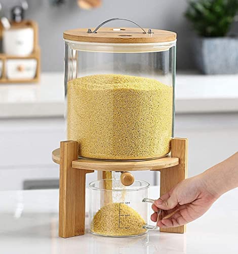 Glass Rice Dispenser with Wooden Stand, Flour and Sugar Container Dispenser with Glass Measuring Cup for Pantry Organization and Storage with Airtight Bamboo Lid for Rice, Beans,and Ground Coffee (5L)