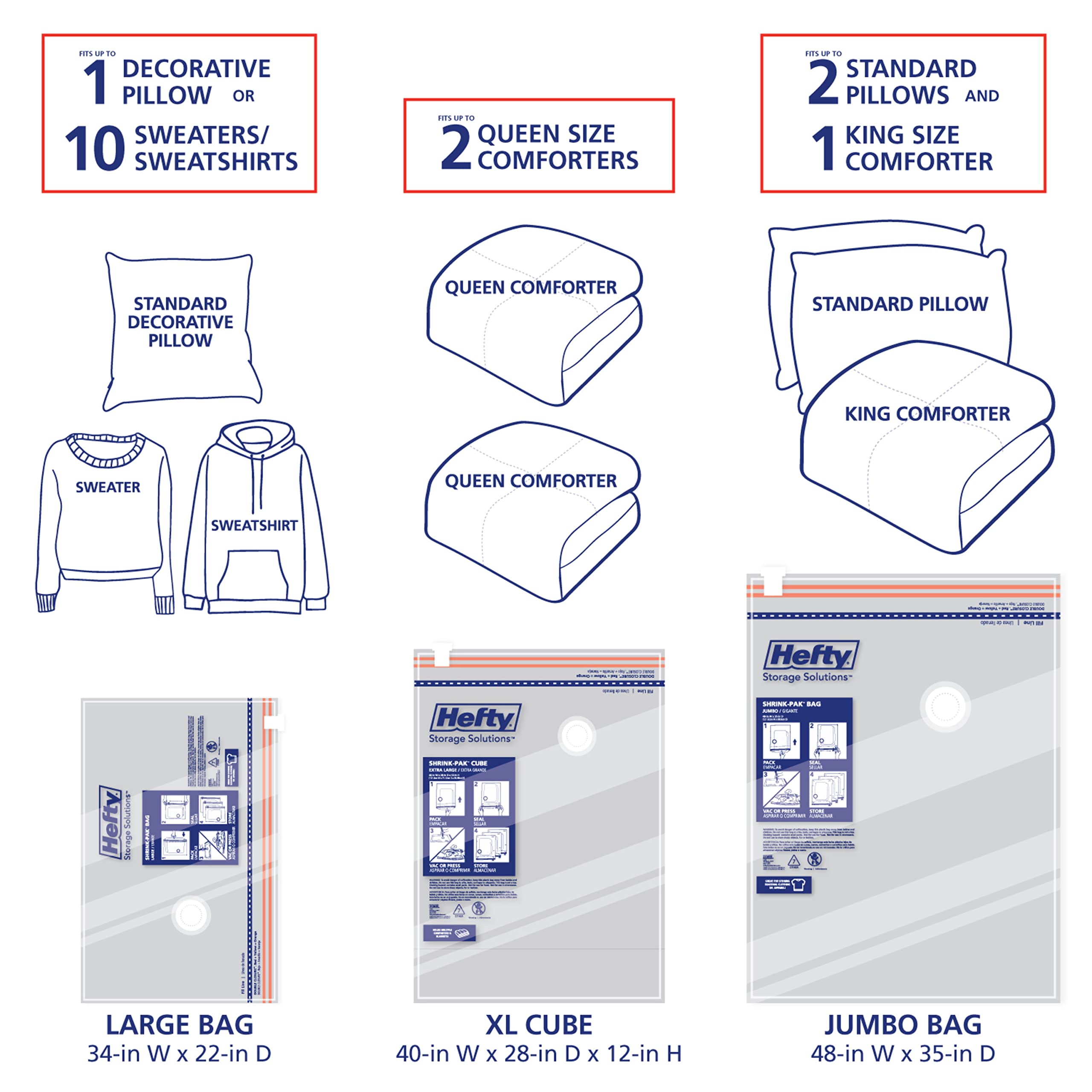 Hefty Shrink-Pak Starter Kit - 2 Large, 1 XL Cube, 1 Jumbo Vacuum Seal Storage Bag and Hand Pump β Space Saver Bags for Clothing, Pillows, Towels, or Blankets, 5 Pc Set