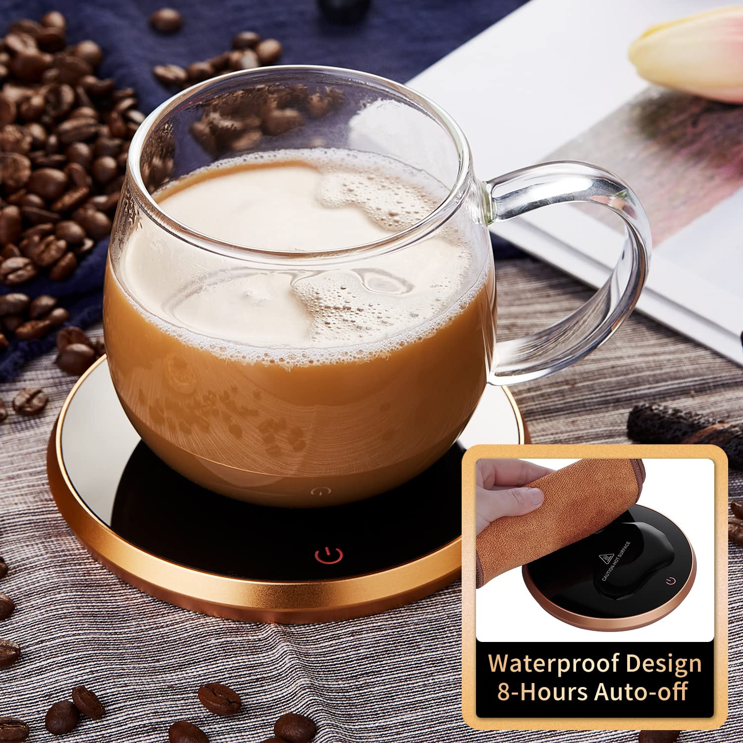 Coffee Warmer for Desk Auto Shut Off,Smart Coffee Cup Warmer with 2 Temperature Setting,Electric Mug Warmer Plate for Coffee,Milk,Tea,Cocoa (Gold)