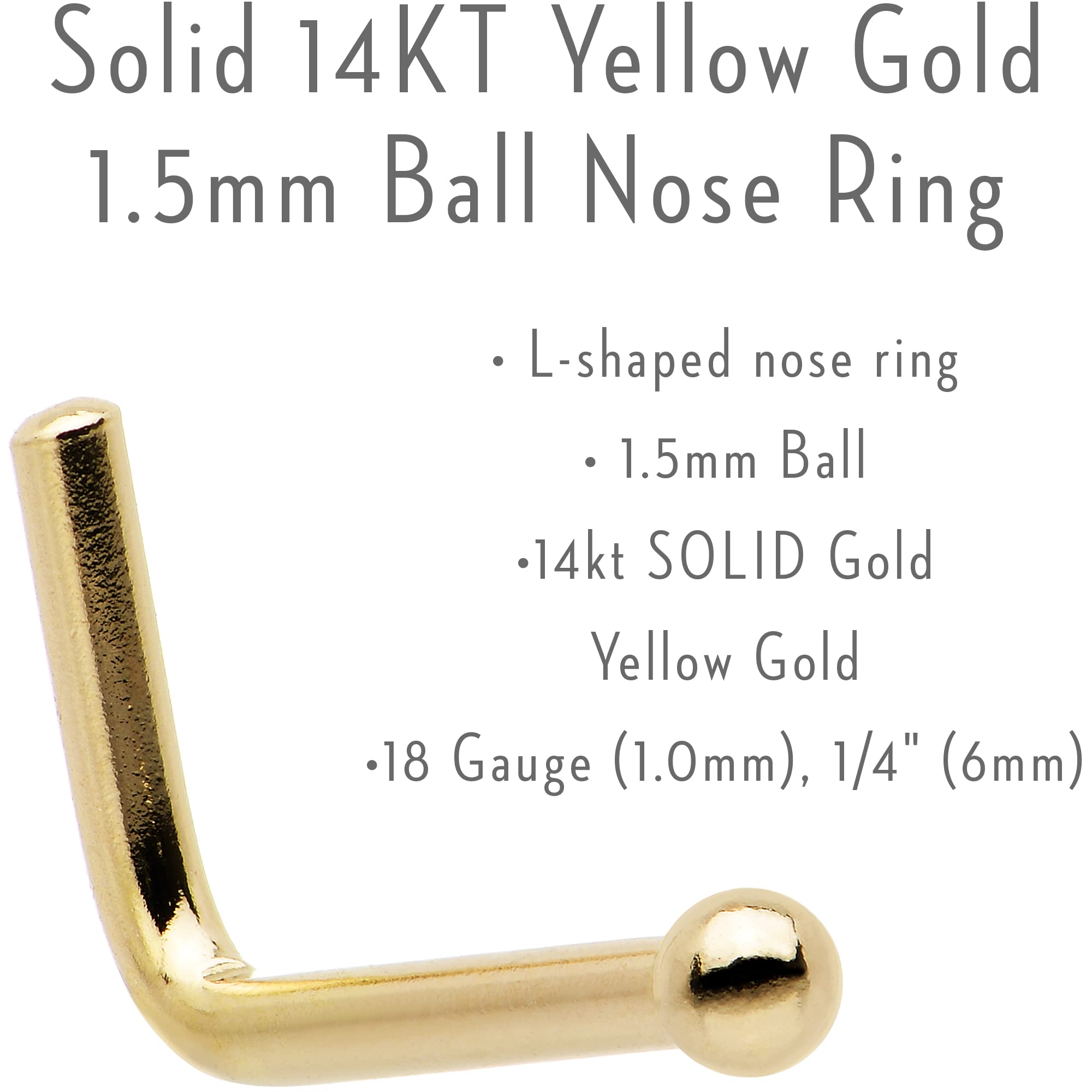 Body Candy 18 Gauge 14k Yellow Gold 1.5mm Ball L-Shaped Nose Ring