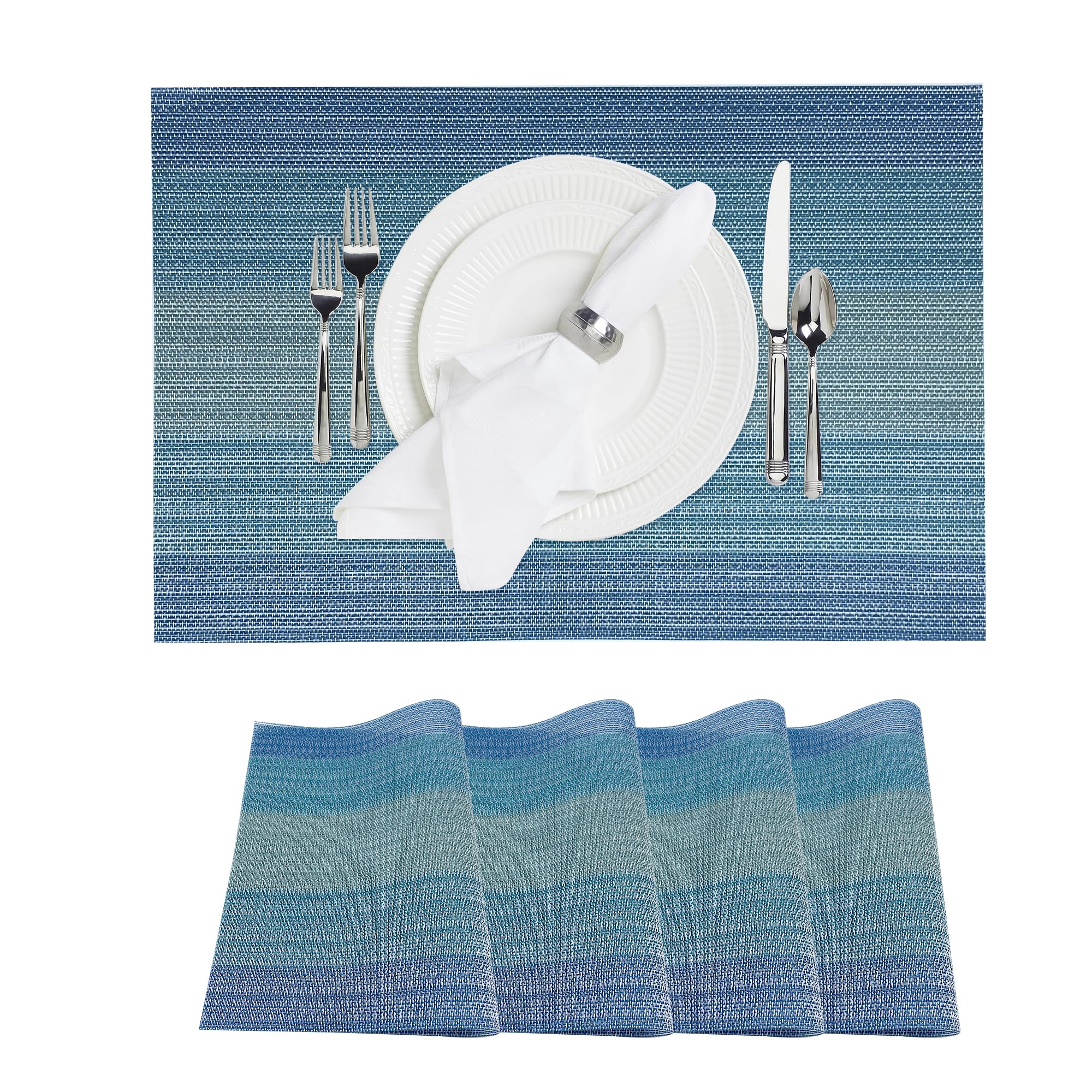 Canglifull Placemats Set of 4, Vinyl Woven Placemats, Beautiful Washable and Durable Non-Slip Table Placemats, Indoor/Outdoor Placemats (Blue, 4)