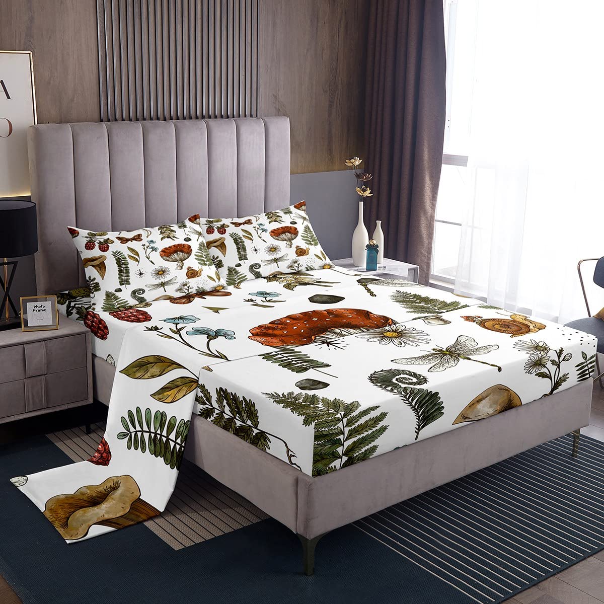 Mushroom Bed Sheets Full Size 4 Pcs Wild Dragonfly Butterfly Hippie Daisy Sheets Set for Teens Adults Botanical Leaves Outdoor Plants Rustic Style Bedding Set with Flat,Fitted Sheet,2 Pillowcases
