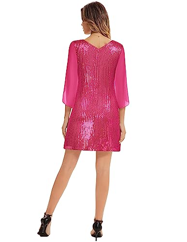 GRACE KARIN Women 3/4 Sleeve Shimmer Sparkle Sequin Party Dresses Rose Red XL