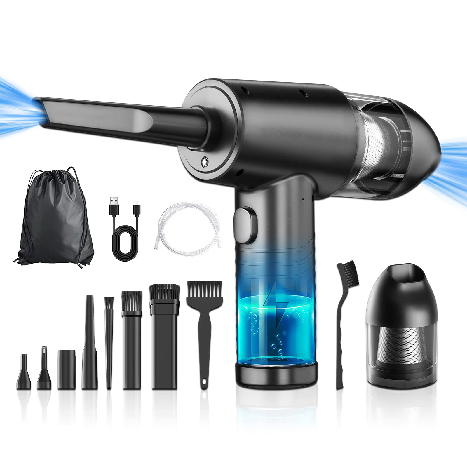 Compressed Air Duster,3-Gear/ 90000RPM Electric Air Blower, 2-in-1 Air Duster & Vacuum,Dust Blower with LED Light