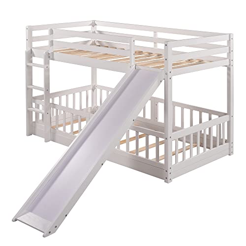 Merax Twin Over Twin Bunk Bed with Slide and Ladder, No Box Spring Needed, White