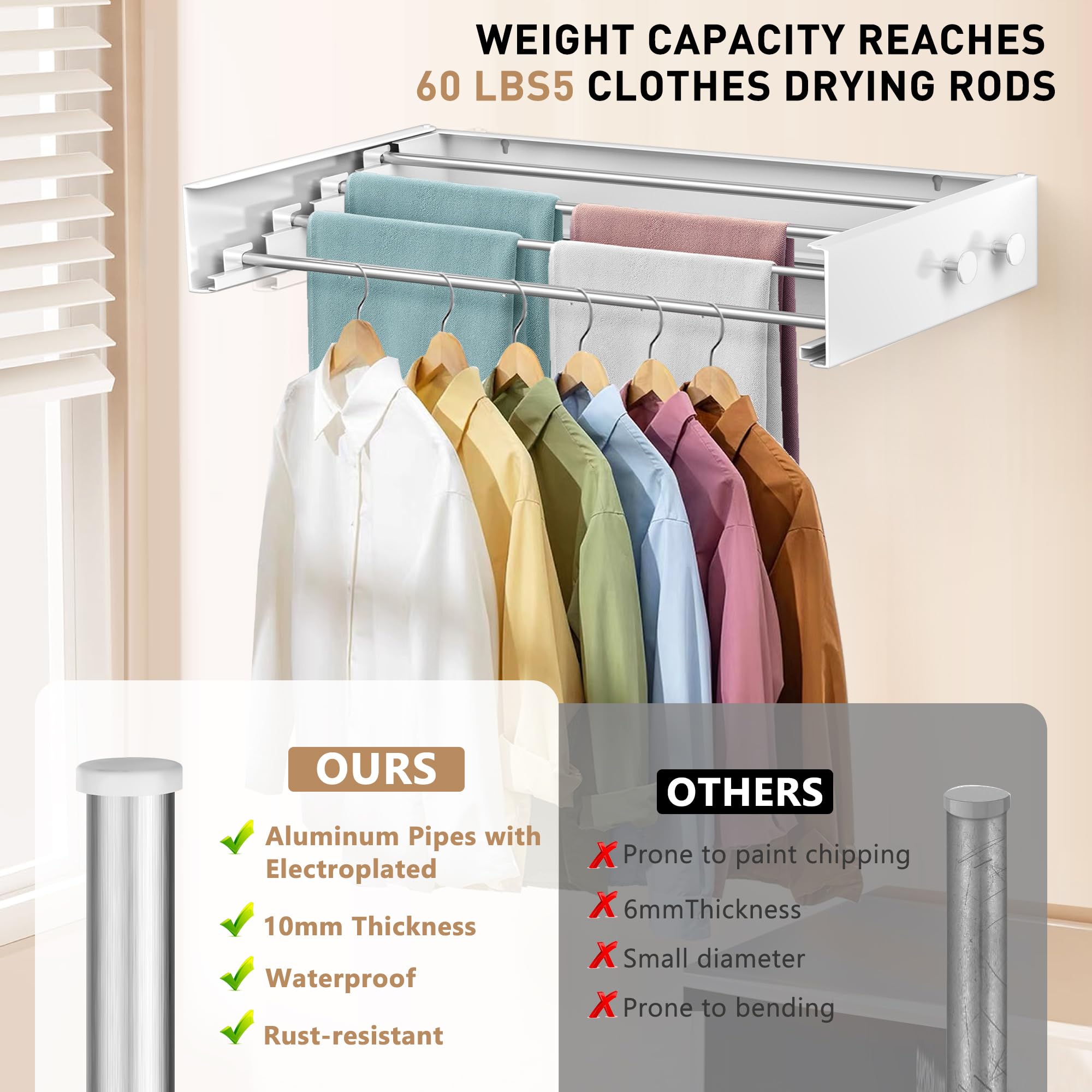 CRJKIJ Wall Mounted Laundry Drying Rack for Clothes - Foldable Conceal Drying Rack,4 Stainless Rods Heaving 48 lb Capacity (White, 23.6")