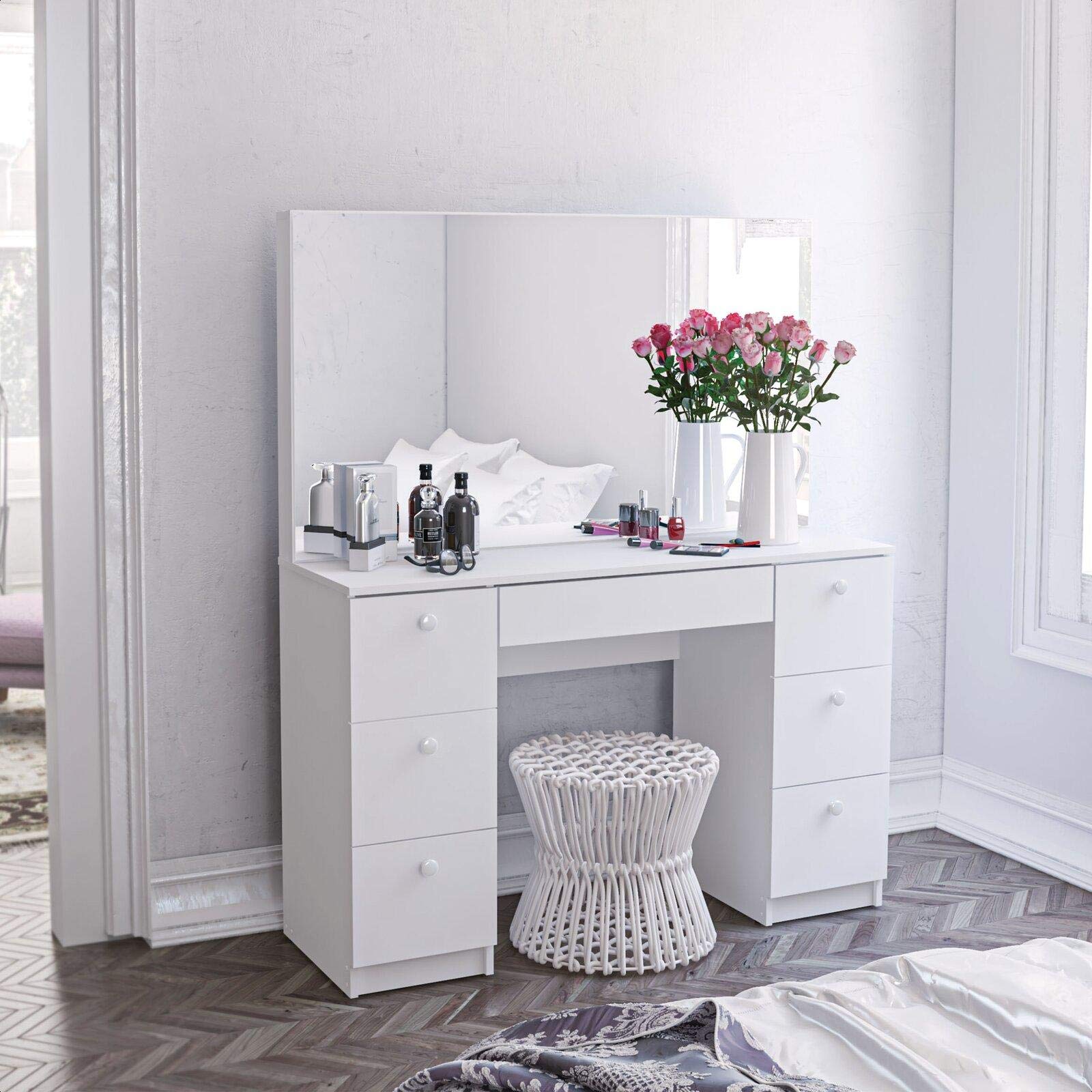 Boahaus Artemisia 7-Drawer Modern Wood Dressing Table with Mirror in White