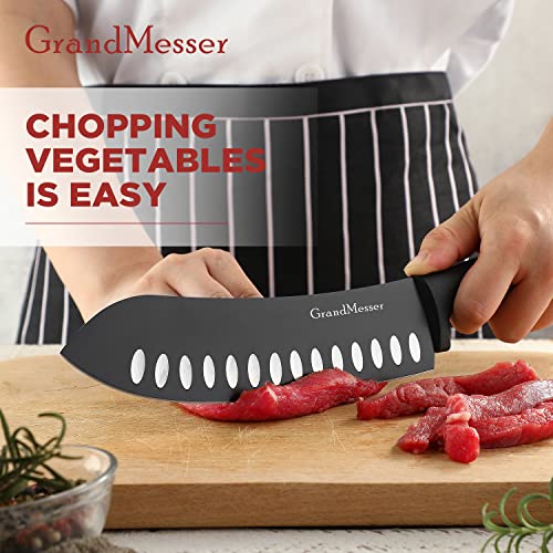 GrandMesser Butcher Breaking Knife, 7 inch Bullnose Knife, Black Titanium Nitride Coated, High Carbon German Stainless Steel Meat Knife, Ergonomic Non-slip Handle, Gift Box, Knife Sharpener