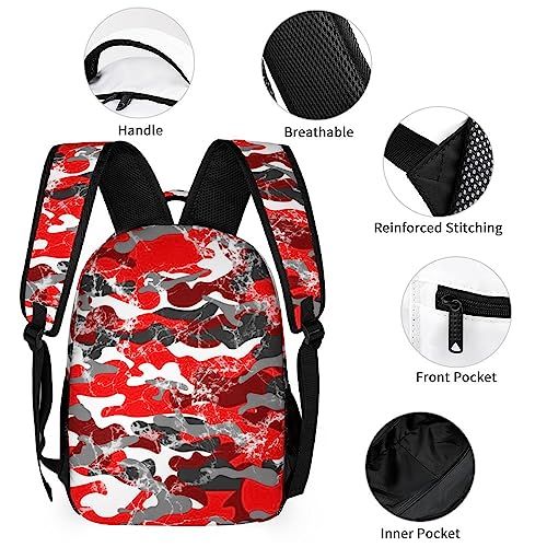 DTCCET 3PCS Classic Red Camo Backpack Set, Lightweight Camo Daypack 3D Printed Laptop Bag with Lunch Bags, Stylish Shoulders Backpack with Multiple Pockets(Red Camo)