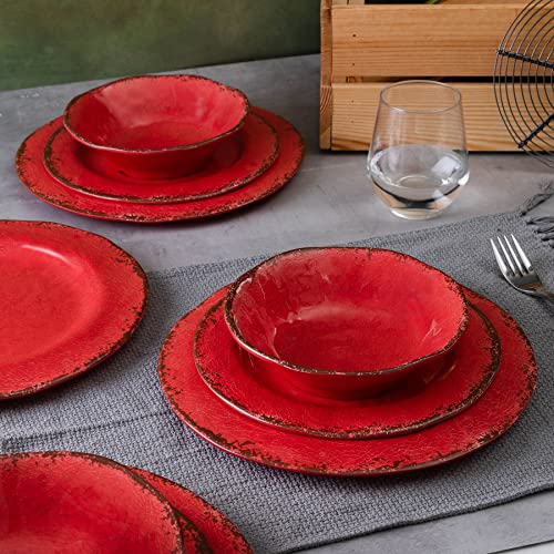 LEHAHA Farmhouse Plates and bowls set 12 Piece Melamine Dinnerware Sets for 4 People Lightweight and Unbreakable Dish Set Perfect for Indoor Outdoor Dining Party and Picnic Red