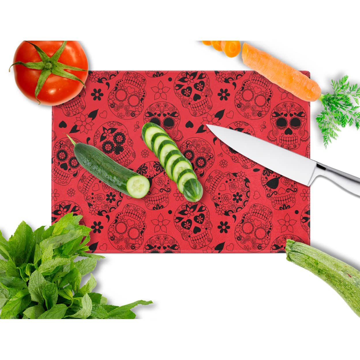 Caroline's Treasures BB5119LCB Day of the Dead Red Glass Cutting Board Large Decorative Tempered Glass Kitchen Cutting and Serving Board Large Size Chopping Board