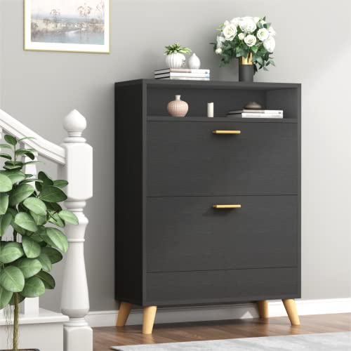 Gyfimoie Shoe Storage Cabinets, Free Standing Shoe Organizer with 2 Flip Drawers for Entryway, Narrow 3 Tier Entryway Hidden Shoe Rack with Doors (Black)