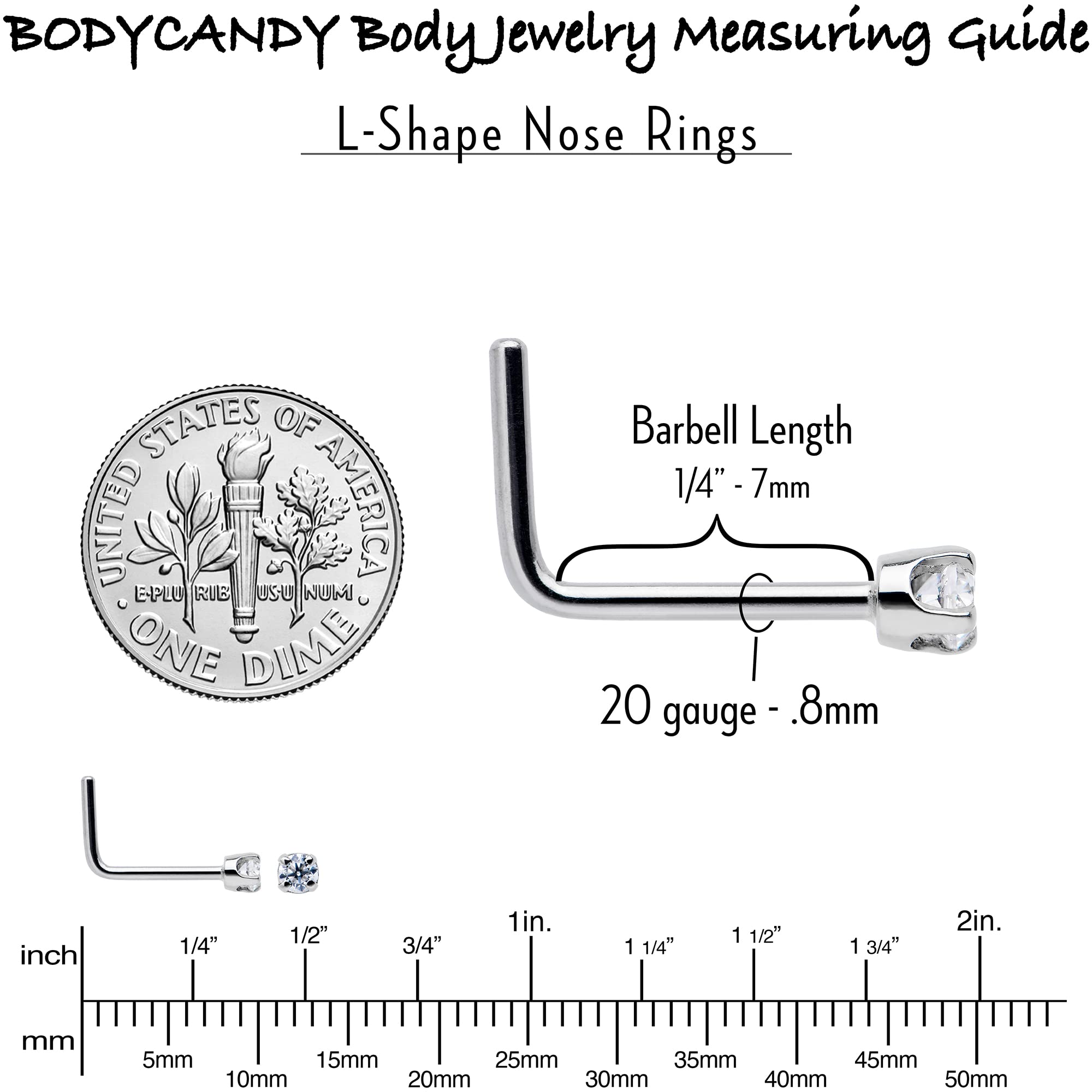 Body Candy Solid 14k White Gold 2mm Clear Cubic Zirconia L Shaped Nose Stud Ring 20 Gauge 1/4"