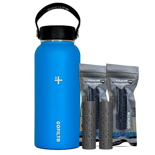 GOFILTR Alkaline Water Bottle 32 oz + 2 Magnesium Alkaline Water Filter Infusers/Insulated Water Bottle That Creates Alkaline Water, Color: Ibiza
