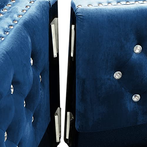 HomSof 82.3" Width Modern Velvet Sofa Jeweled Buttons Tufted Square Arm Couch with 2 Pillows, 3 Seater, Blue(3 Seater)