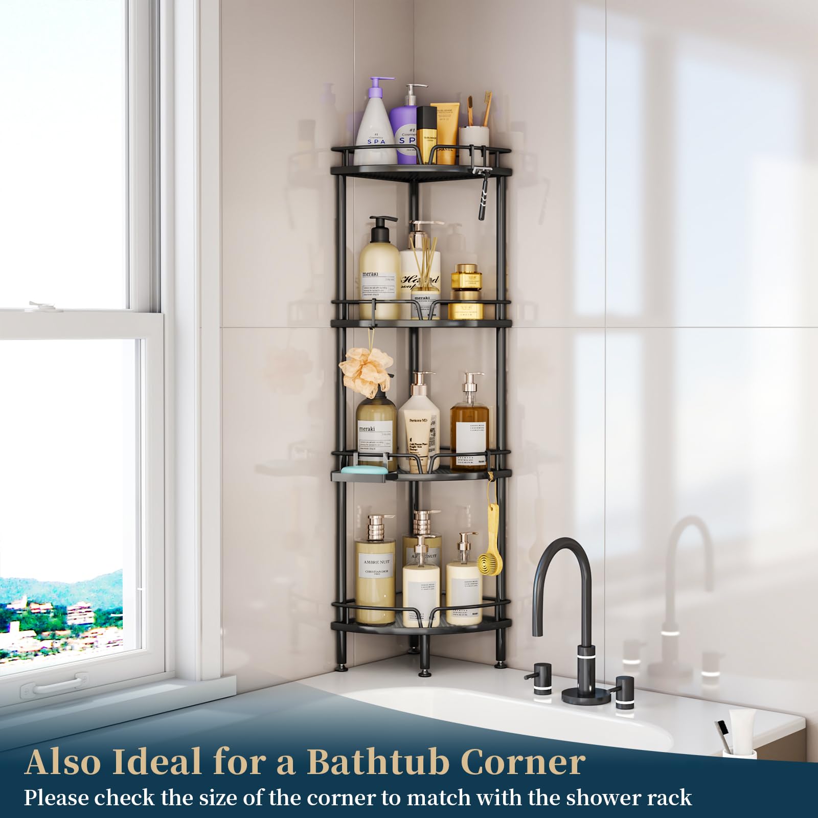 Consumest Corner Shower Caddy Stand - 4 Tier Shower Organizer with Soap Holder, Standing Tall Floor Shower Stand with Adjustable Feet & 4 Hooks