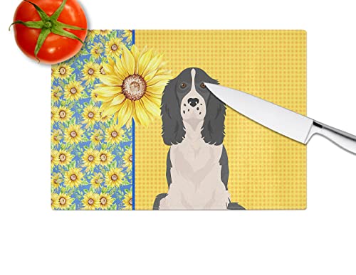 Caroline's Treasures WDK5416LCB Summer Sunflowers Black English Springer Spaniel Glass Cutting Board Large Decorative Tempered Glass Kitchen Cutting and Serving Board Large Size Chopping Board