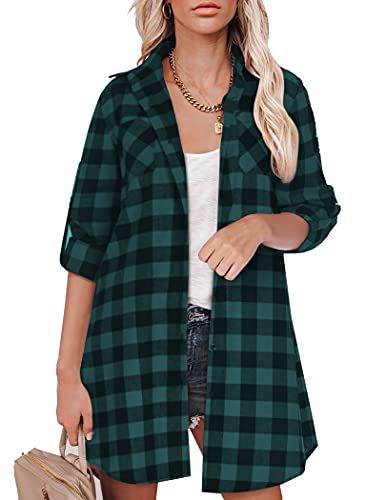 HOTOUCH Boyfriend Style Shirts Oversized Flannel Long Plaid Tops Tunics Green-Black Large