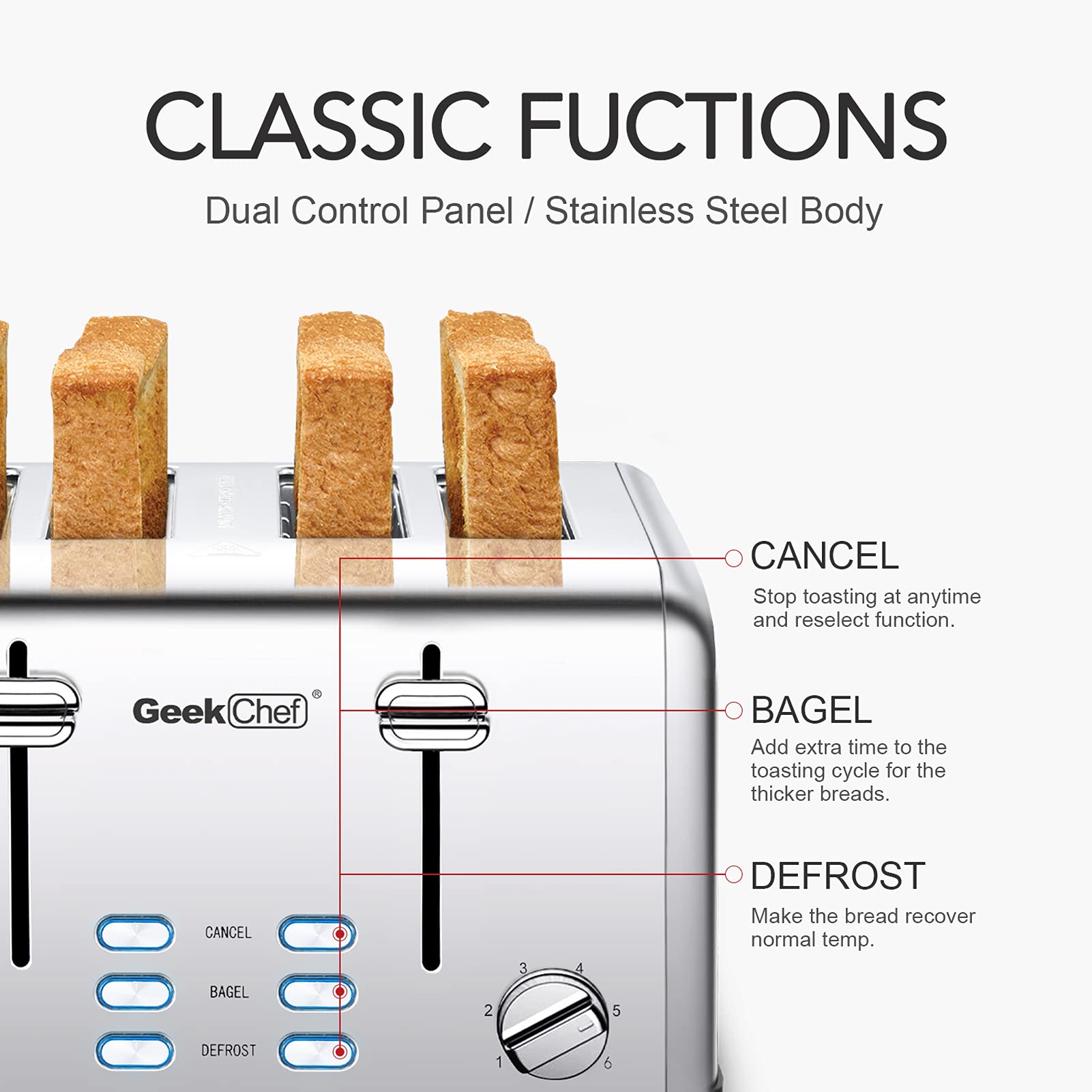 Toaster 4 Slice, Geek Chef Stainless Steel Toaster with Extra Wide Slots, 4 Slot Toaster with Bagel/Defrost/Cancel Function, Dual Control Panel of 6 Toasting Bread Shade Settings, Removable Crumb Trays, High Lift Lever, ETL