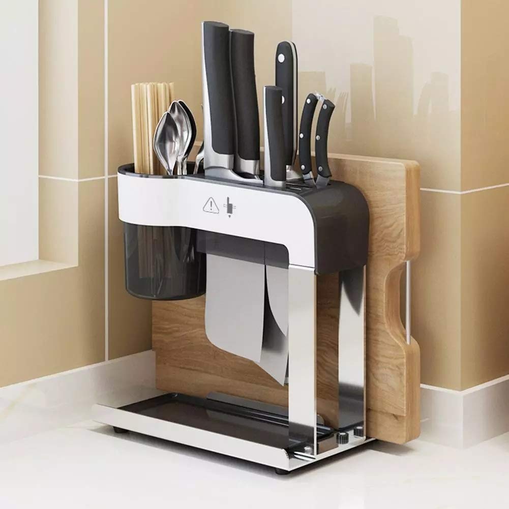 CZDYUF Cutting Board Holder Stainless Steel Drying Rack Kitchen 3 Divisions Compartment Storage Organizer Counter Display Stand(Without knife)