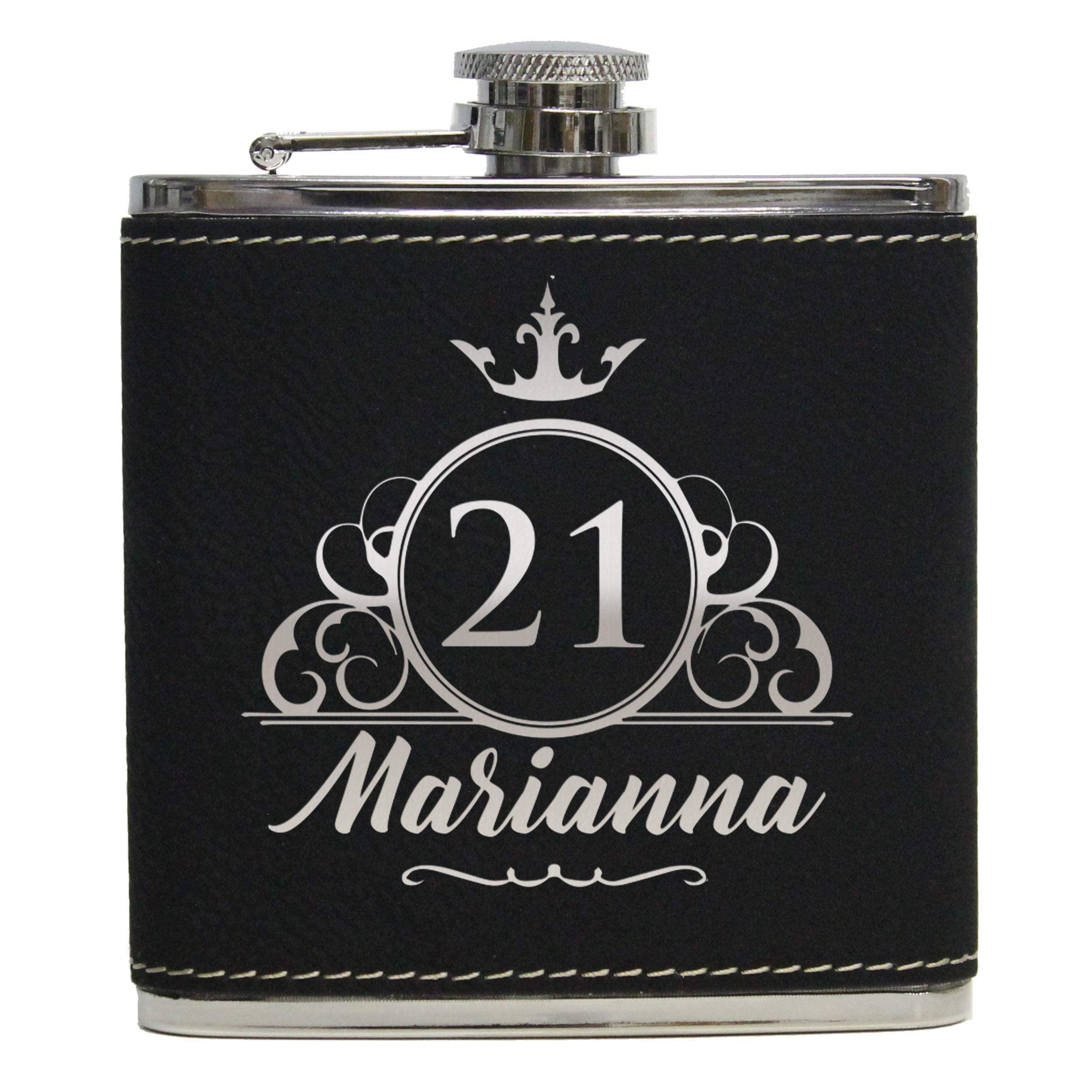 Custom Personalized Twenty First Birthday Flask for 21st Bday Party (Black with Silver)