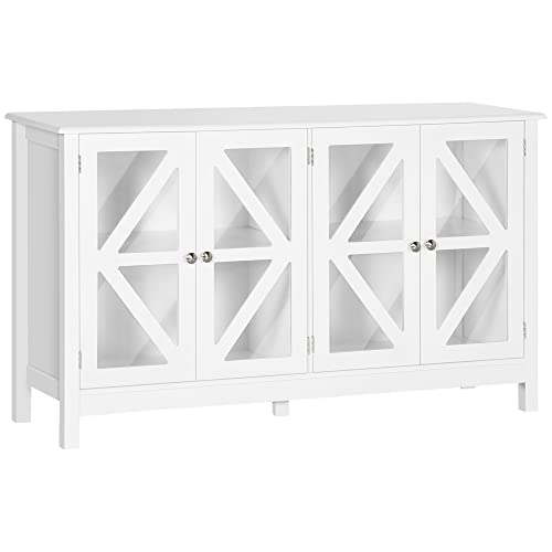 HOMCOM Sideboard, Buffet Cabinet with Tempered Glass Doors and Adjustable Storage Shelf, Credenza, White