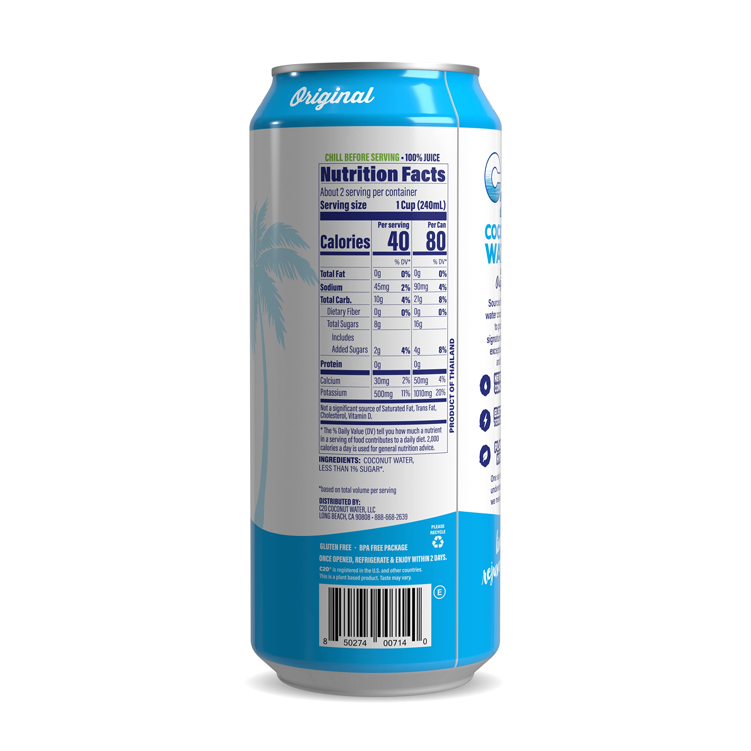 C2O The Original Coconut Water w/Nutrients & Electrolytes, Rejuvenating Plant-Based Hydration, the Original, 16.3oz cans (8-Pack)